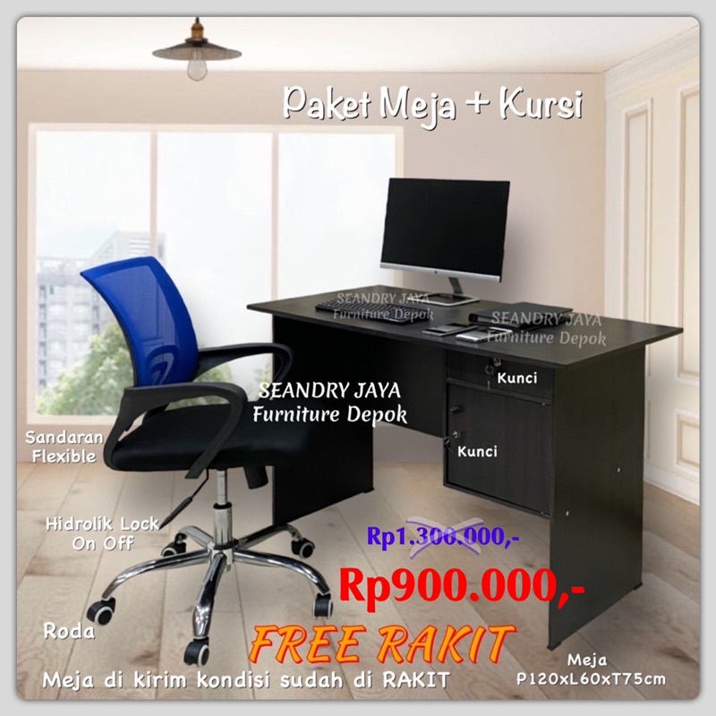 Jual PAKET MEJA KERJA MINIMALIS+KURSI HIDROLIK/OFFICE/KANTOR/BELAJAR/PROMO MURAH/SEANDRY JAYA ...
