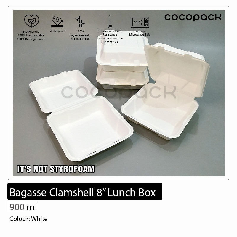 Jual Bagasse Clamshell 8 inch Burger Box 900ml Food Container 25 PCS ...
