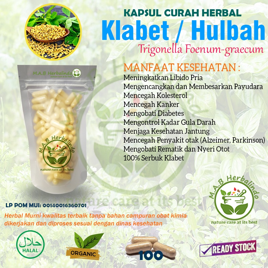 Jual KLABET Hulbah Fenugreek 100 Kapsul Herbal ASI Gula Darah Jantung ...