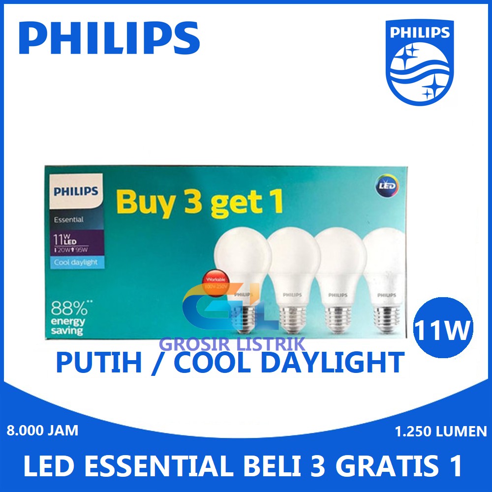 Jual Lampu Philips LED Essential Multipack 11W Putih Paket 11 W Watt ...