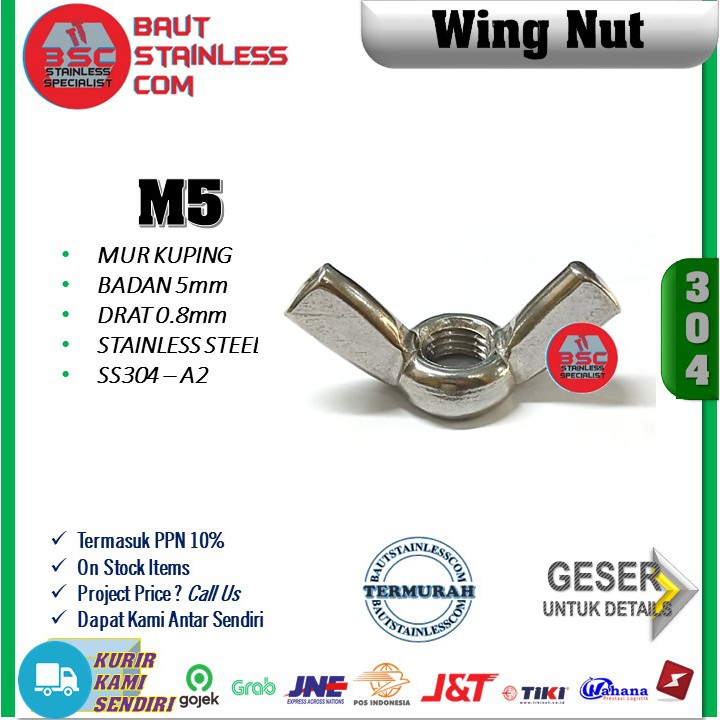 Jual MUR KUPU KUPU M5 WING NUT STAINLESS SS304 A2 ISI 5 PCS | Shopee ...