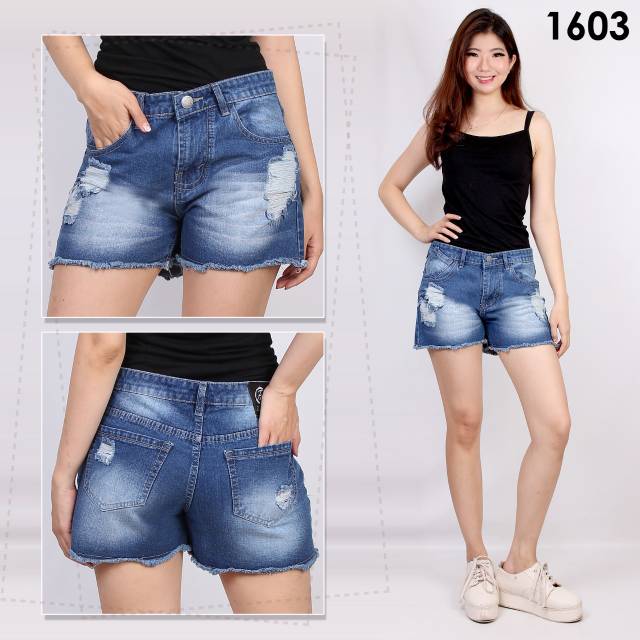 Jual 27-34 Celana pendek jeans wanita hotpants rumbai biru jeans sobek ripped santai cewek hot ...