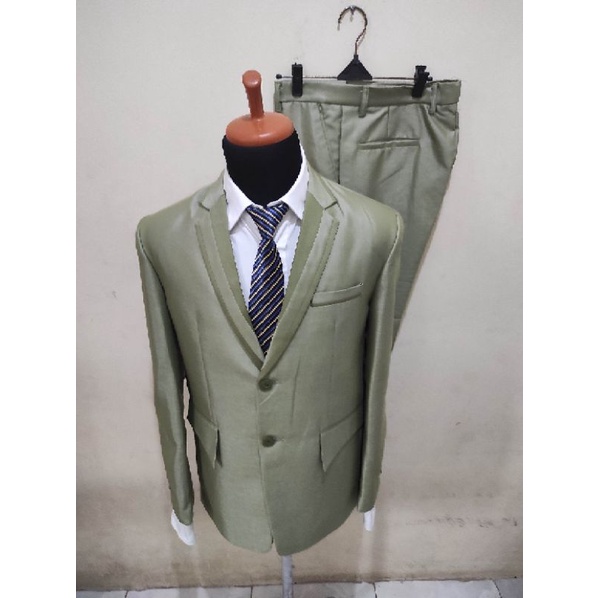 Jual Podo Moro 1 stel jas semi woll kilap DENIM, SAGE GREEN jas wedding ...