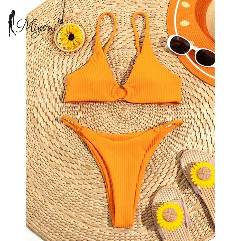 Jual Sexy Women Bikinis High Cut Rib Swimwear Women'S Solid Beachwear ...