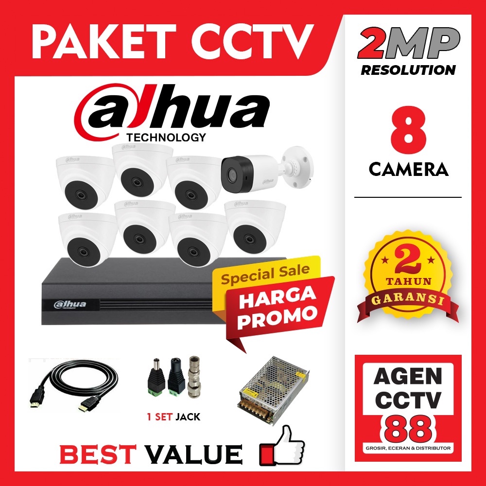 Jual Paket CCTV DAHUA 8CH 8 Channel Kamera Full HD 2MP+Adp 20A+KB-HDMI ...