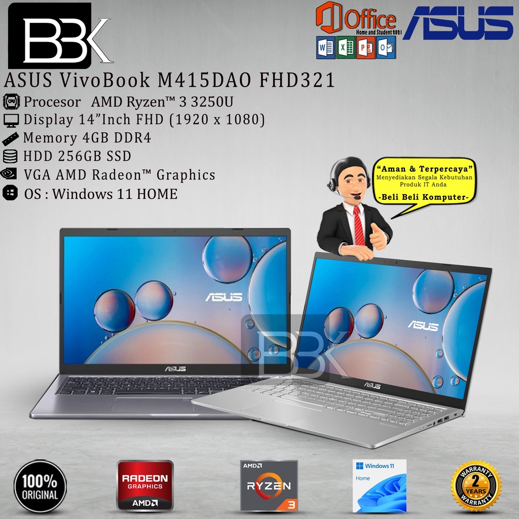 Jual ASUS VivoBook M415DAO FHD321 AMD R3-3250U 4GB 256GB SSD FHD WIN11 ...