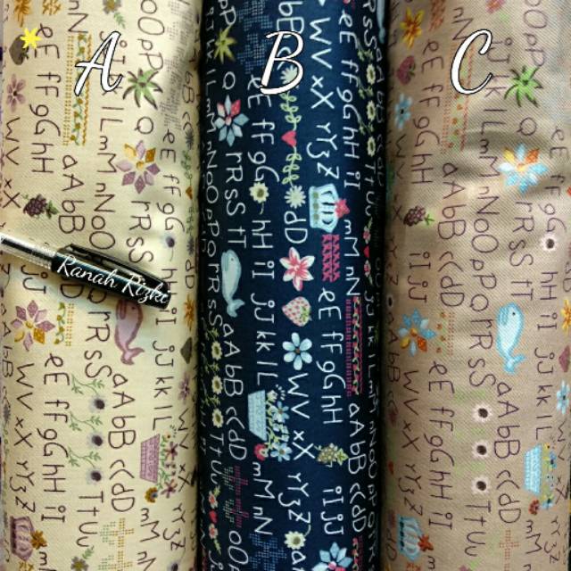 Jual kain katun jepang motif motif abjad km093 / alfabed japan design ...