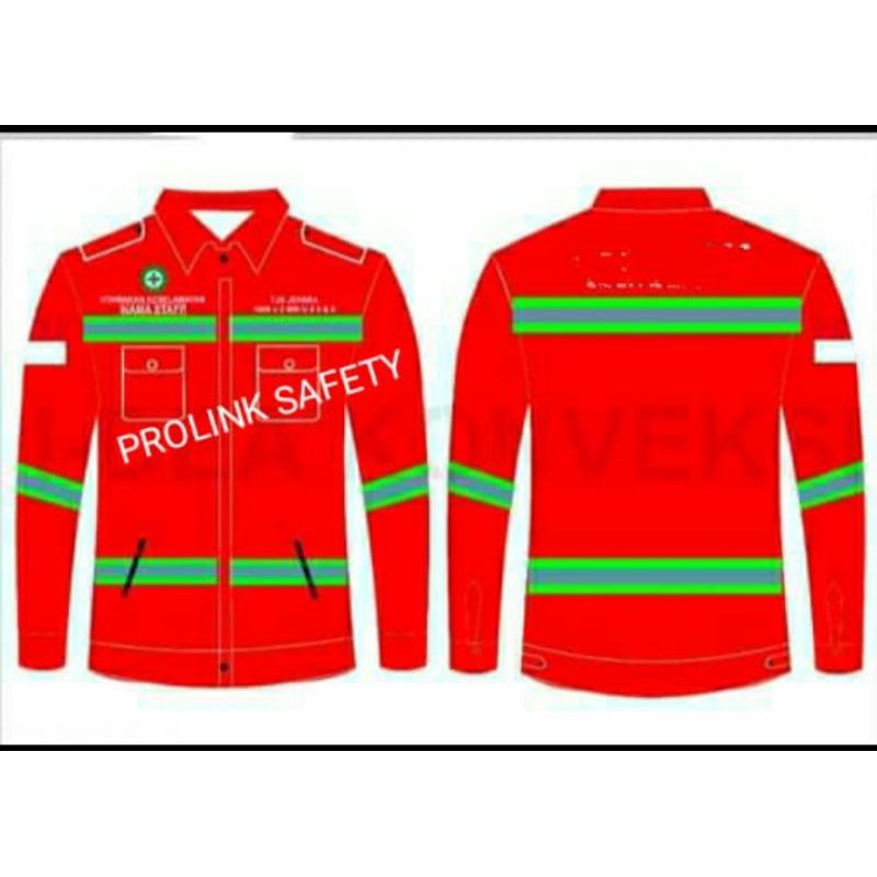 Jual SERAGAM SAFETY MERAH KANCING DAN RESLETING FREE LOGO K3 BENDERA ...