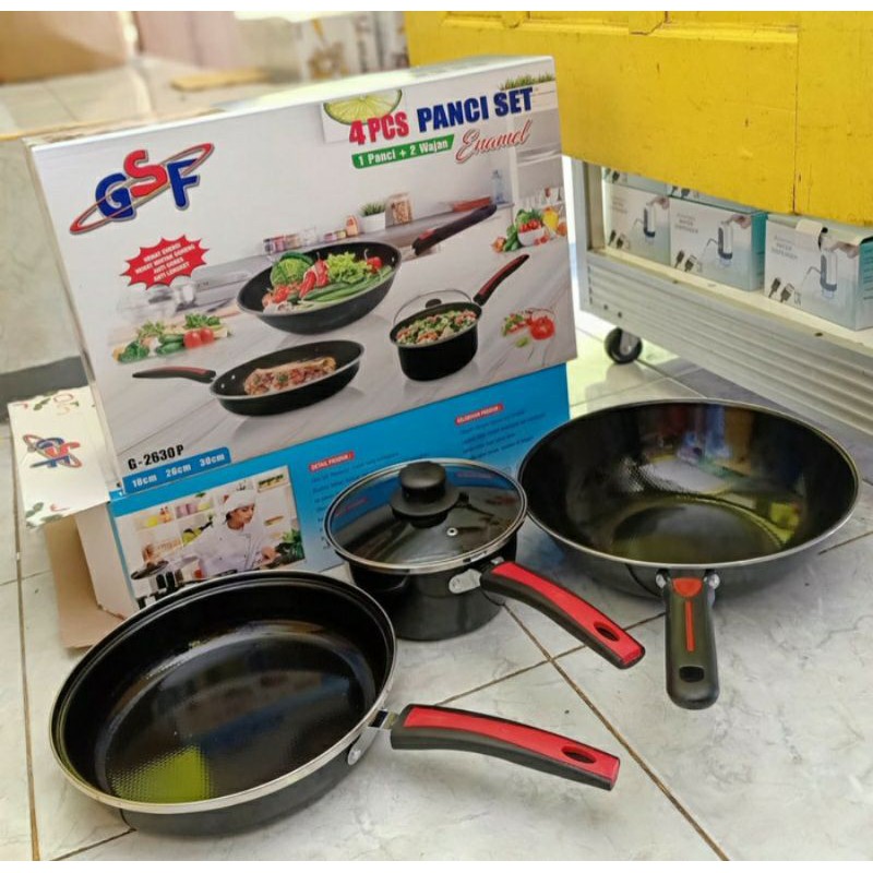 Jual 4 Pcs Panci Set 1 Panci + 2 Wajan Enamel GSF G-2630 P | Shopee ...
