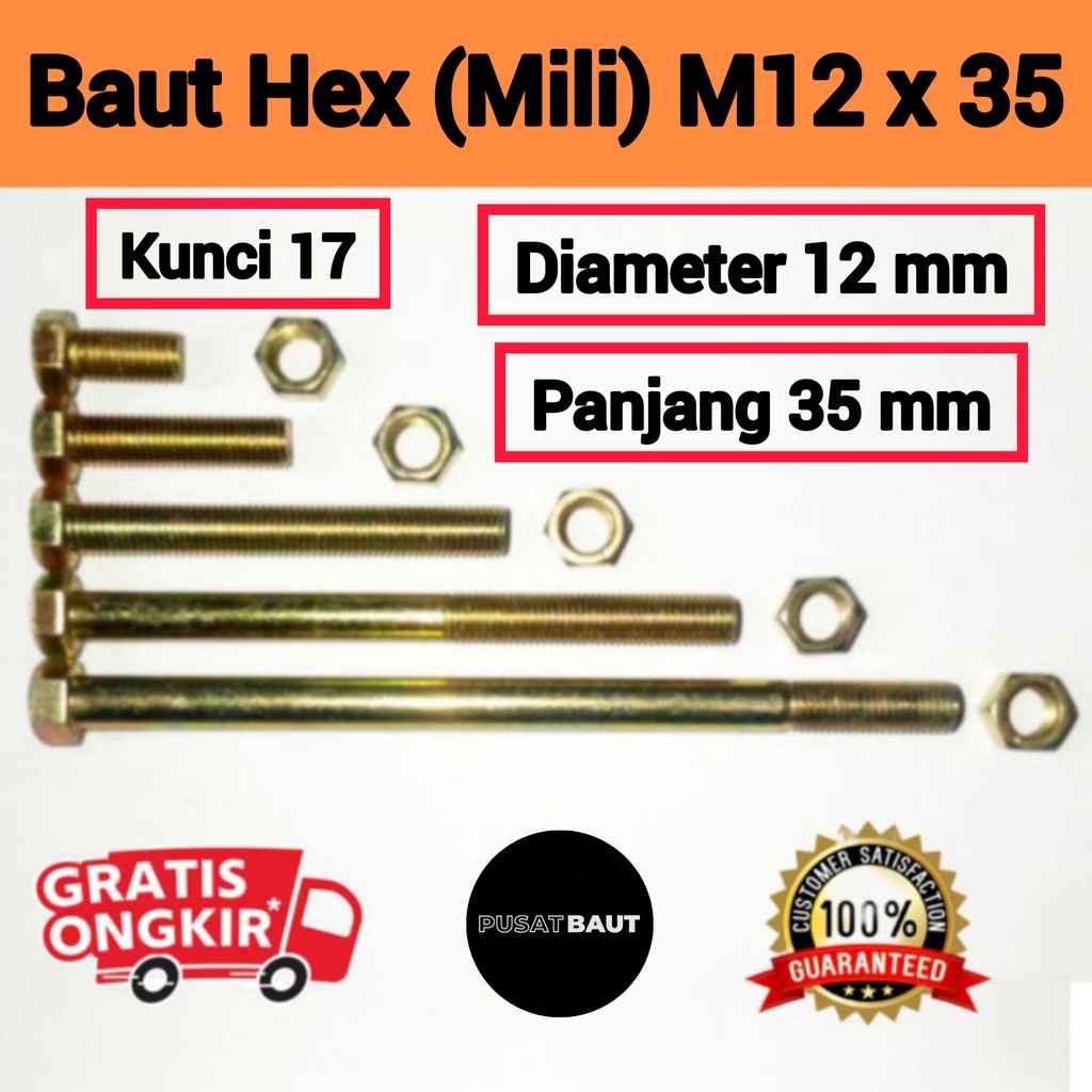 Jual (10 PCS) M12 x 35 Baut Kunci 17 Baut Mur M12x35 Kuning Hex Besi ...