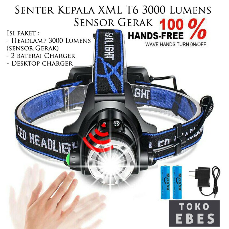Jual Senter Kepala Waterproof Headlamp Sensor Gerak XML T6 3000 Lumens | Shopee Indonesia