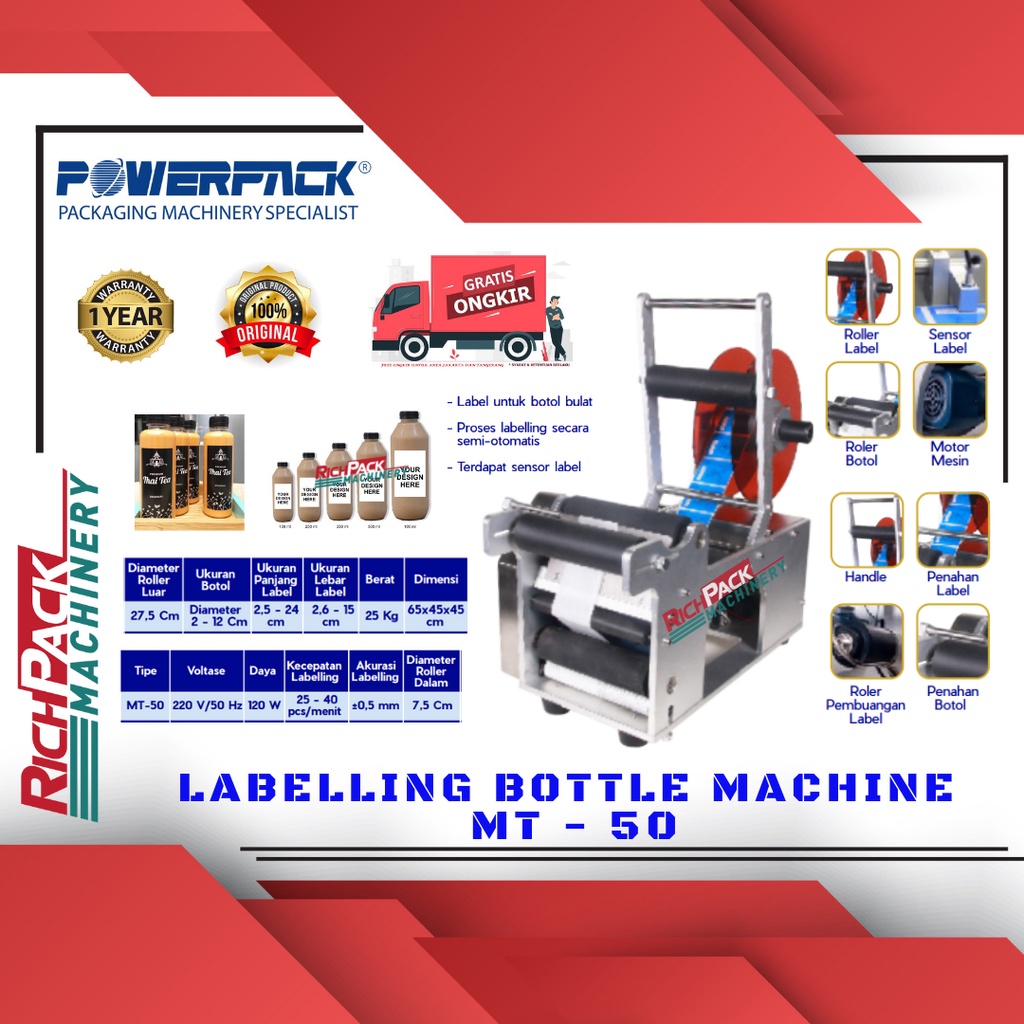 Jual MESIN LABEL BOTOL / LABELLING BOTTLE MACHINE MT-50 POWERPACK ...