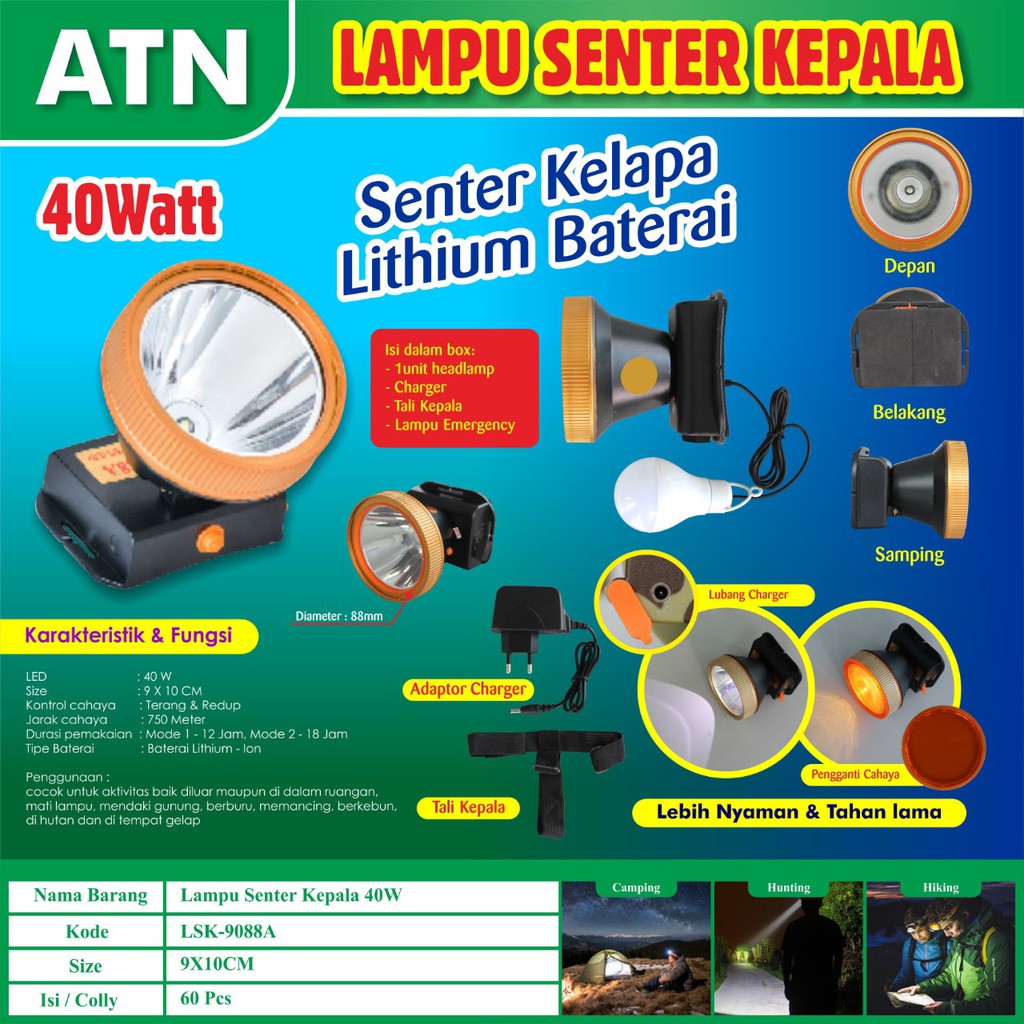 Jual COD-Senter Kepala Led ATN 9088A/9088B/8088B 40W+BONUS LAMPU LED | Shopee Indonesia