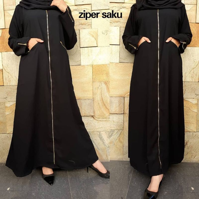 Jual Abaya Hitam Polos Exclusive Bahan Jetblack Saudi Zip Saku Hitam ...