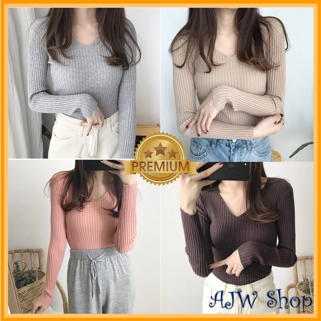 Jual AJWShop Atasan Rajut V Neck Lengan Panjang Import Bahan Premium Tebal dan Adem | Atasan ...