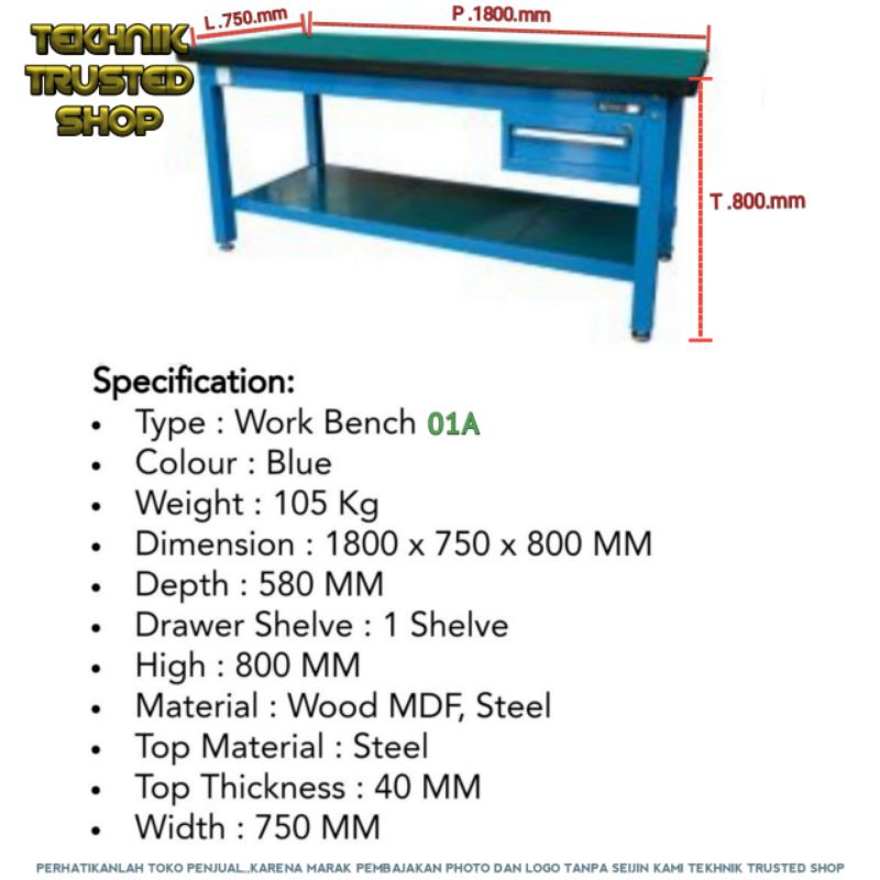Jual KRISBOW Work bench 1 laci Type 01A 1800 x 750 x 800mm meja kerja ...