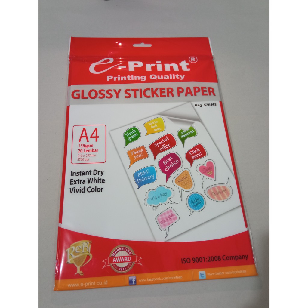 Jual Eprint kertas foto Glossy Sticker Paper A4 135gsm isi 20 lembar ...