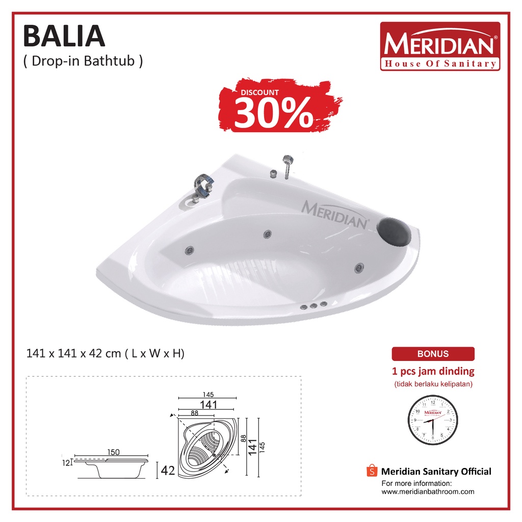 Jual Bathtub Sudut Akrilik MERIDIAN Balia 141 x 141 x 42cm | Shopee ...