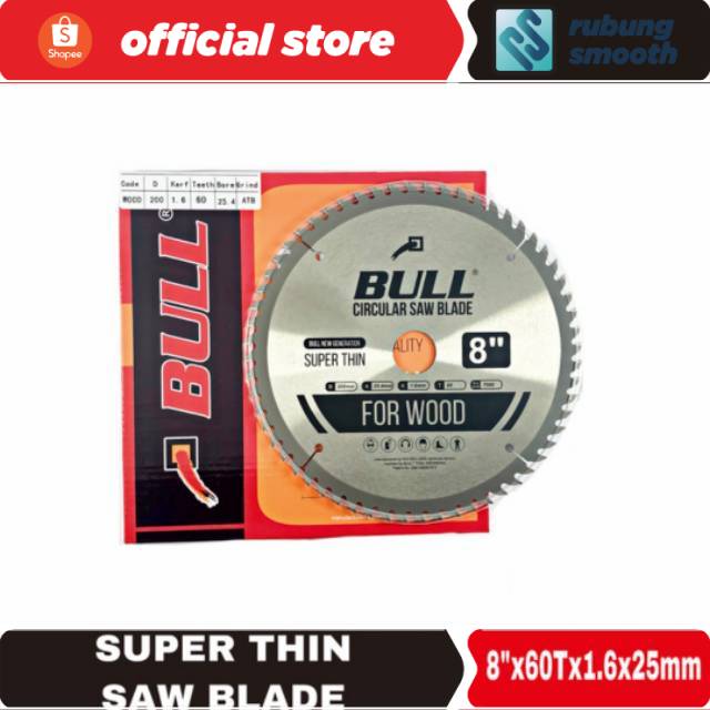 Jual Bull circular saw blade super thin 8"x60Tx1.6mmx25mm BLCS08-060 ...