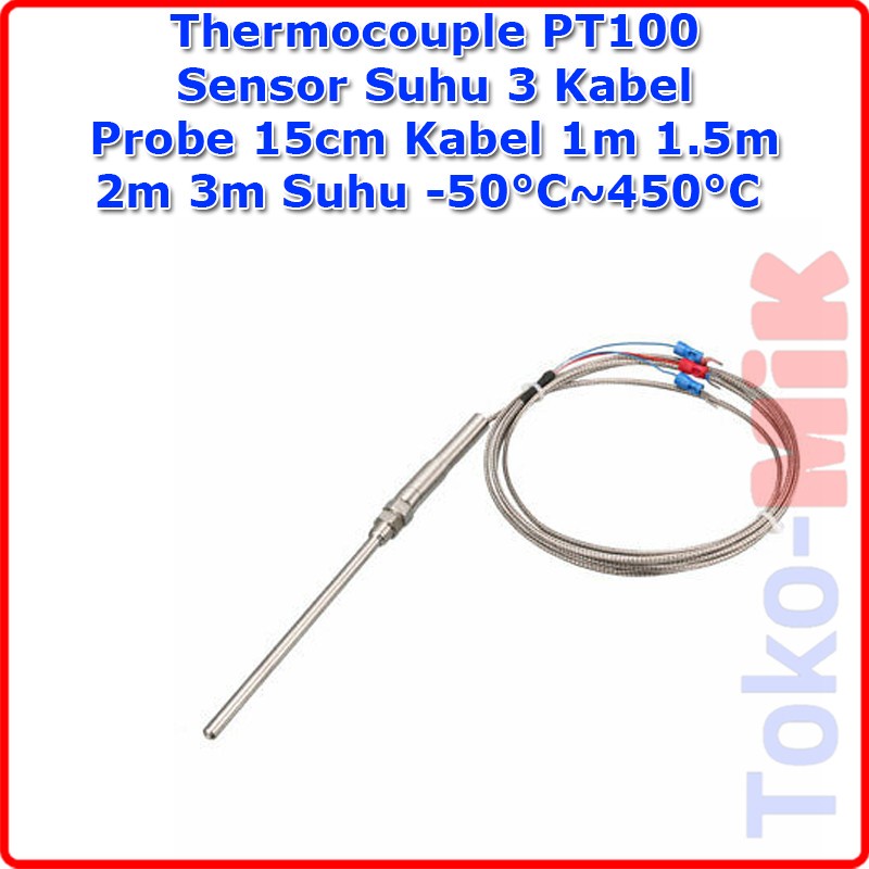 Jual Thermocouple PT100 Sensor Suhu RTD Probe 15cm Kabel 1m 1.5m 2m 3m ...