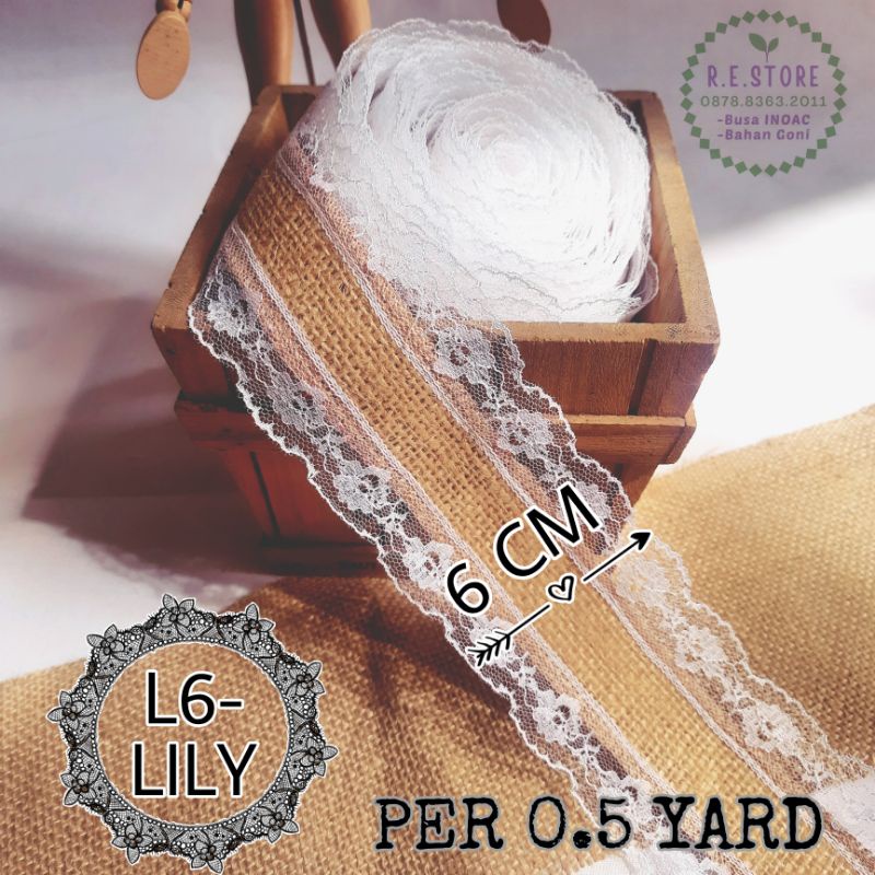 Jual Pita Goni Renda Putih 6 cm(L6-LILY) Per 0,5 Yard-Burlap Ribbon ...