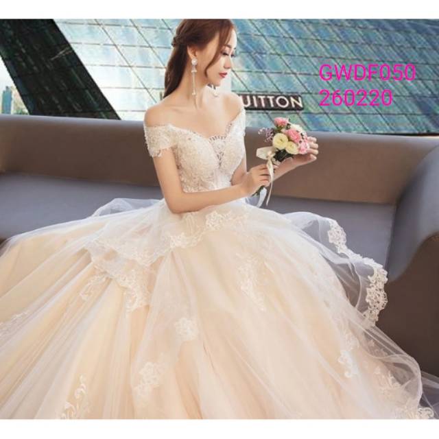 Jual Gaun Wedding Pengantin off the shoulder shining lace ball | Shopee ...