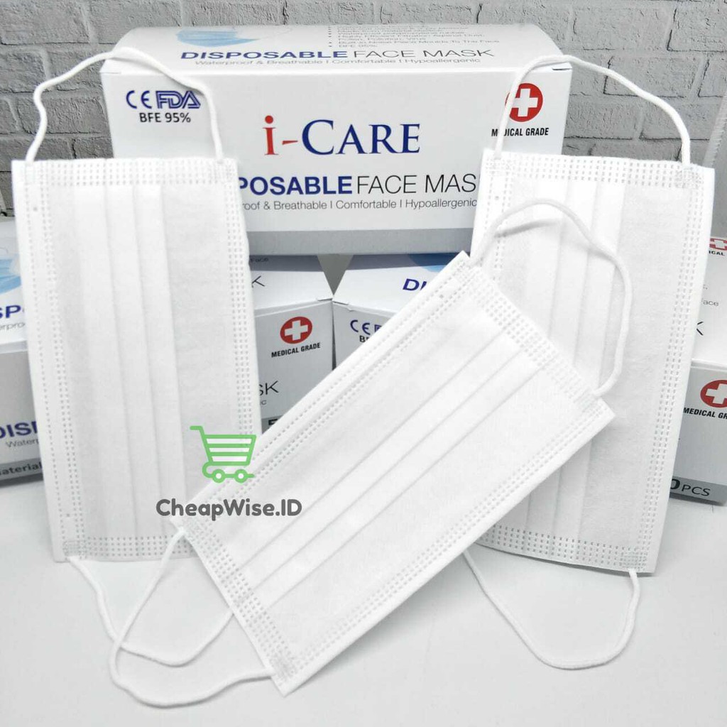 Jual Masker Putih Icare Disposable Mask White Izin Kemenkes & BNPB 3Ply ...