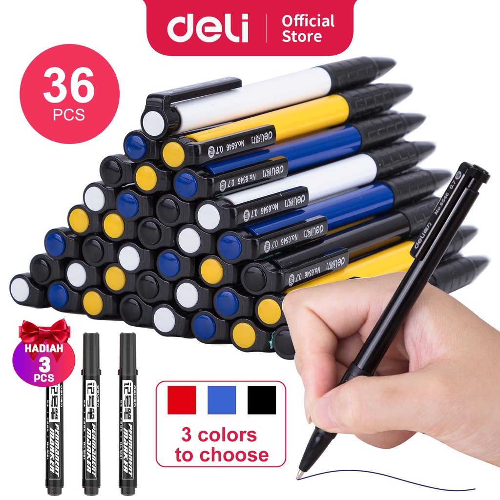 Jual Deli Pulpen Retractable 0.7mm 36pcs/Box Warna Hitam Biru Merah ...