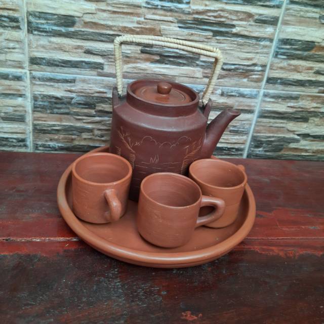 Jual Poci set unik + 3 gelas gerabah - tanah liat | Shopee Indonesia