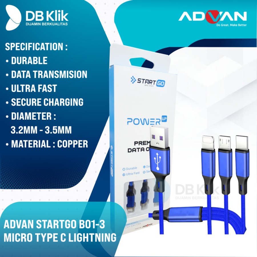 Jual Kabel Data PREMIUM ADVAN STARTGO B01-3 Micro Type C Lightning ...