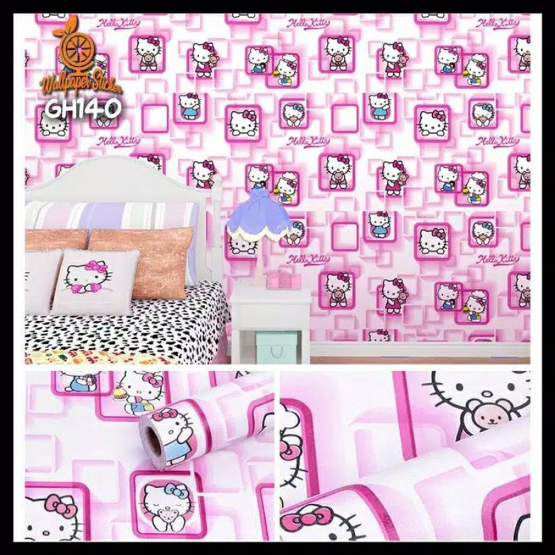 Jual Wallpaper Sticker Dinding Motif Hello Kitty Kotak 3D Pink Ukuran Panjang 10Meter x Lebar ...