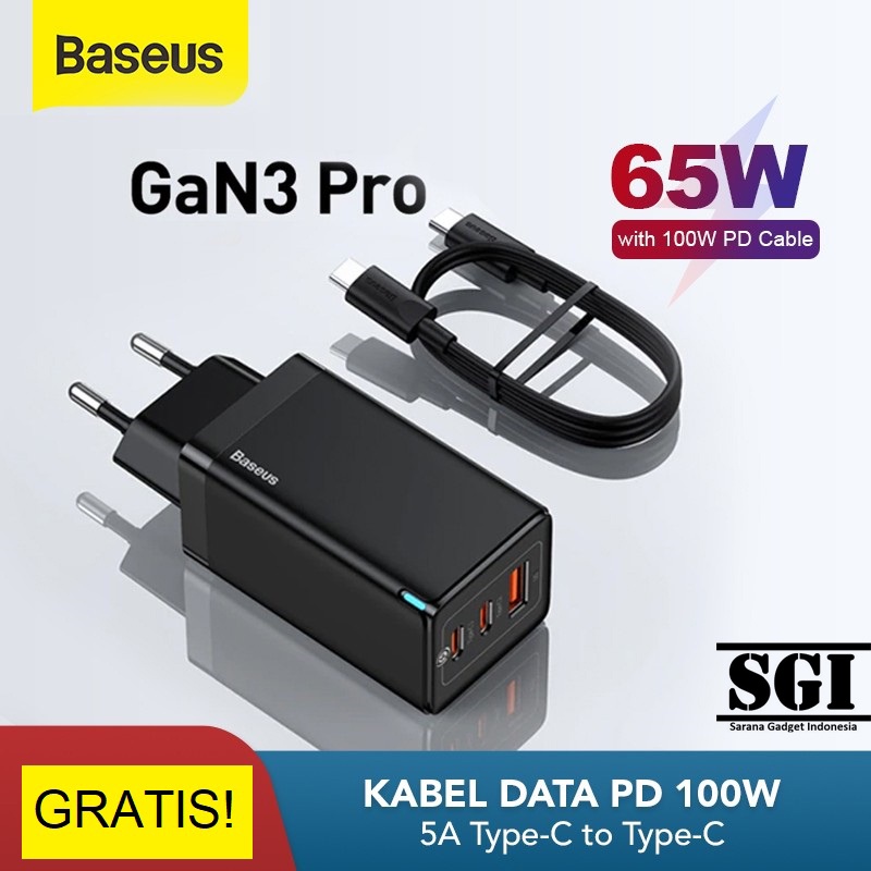 Jual Baseus Original Adaptor Charger Gan3 Pro 65W 2 Type C 2 USB 3 in 1 ...