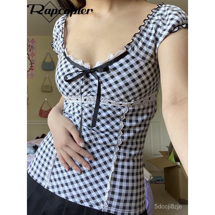 Jual Rapcopter Y2k Plaid Crop Top Frill Bow Cute Sweet T Shirt Short