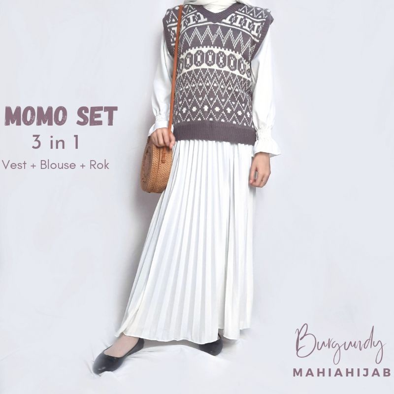 Jual Momo Set 5in1 Blouse + Vest rajut + Rok plisket + Hijab Bella OOTD ...
