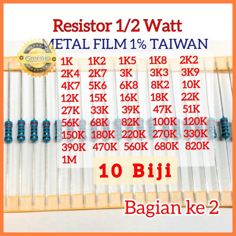 Jual x10 Resistor TAIWAN 1/2 Watt 1K ~ 2M2 Metal Film 1℅ ( Bagian ke 2 ) 1/2W | Shopee Indonesia