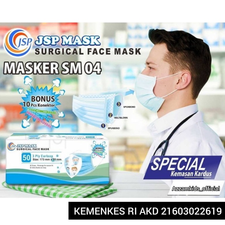 Jual Masker Medis JSP Mask Earloop 3Ply Original isi 50pcs Embos Resmi ...