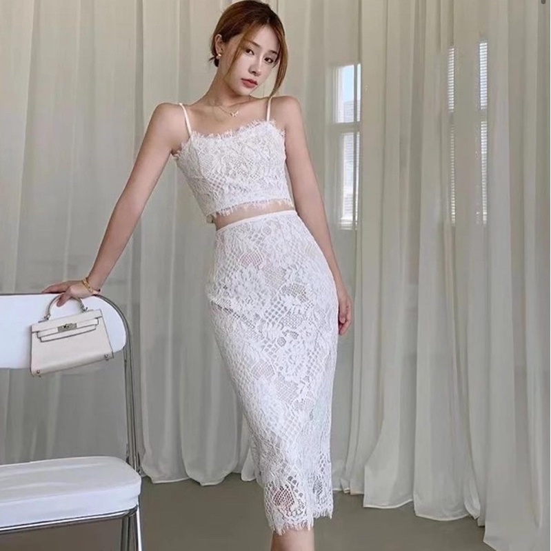 Jual white tube lace set crop top model bustier dan rok span sebetis ...