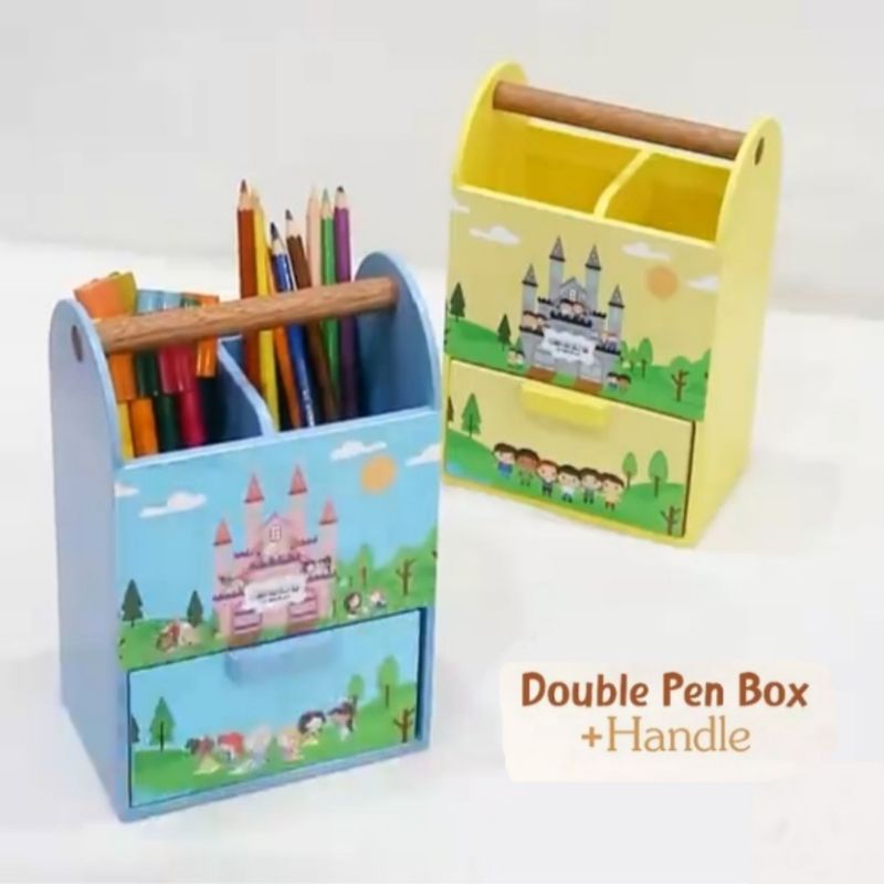 Jual DOUBLE PEN BOX WITH HANDLE Pencil Case Laci KOTAK PENSIL KAYU ...