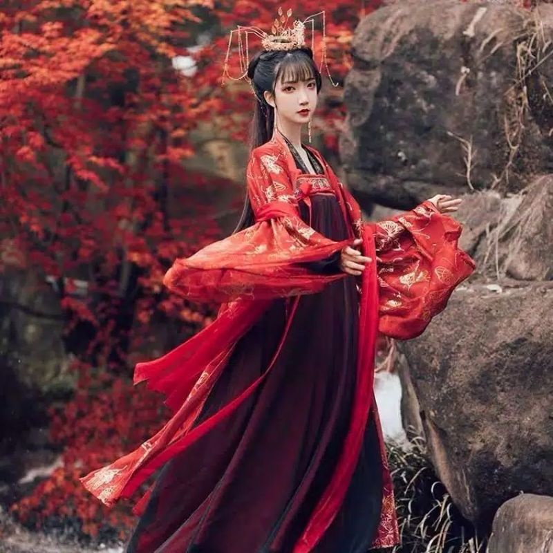 Jual Hanfu Red Golden Butterfly Golden Sakura Gaya China Imlek | Shopee ...