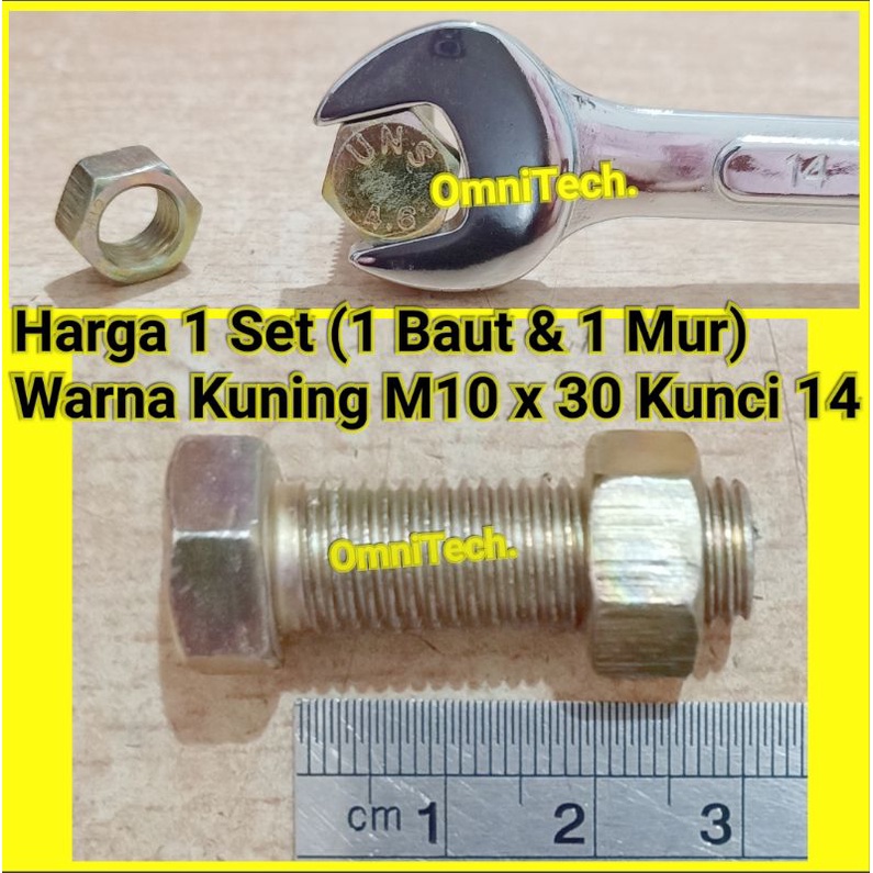 Jual Baut Mur 14 Hex Hexagon BMK Kuning Panjang 3cm M10 x 30 mm 10x30 Kunci 14 Pitch 1,25 10 x ...