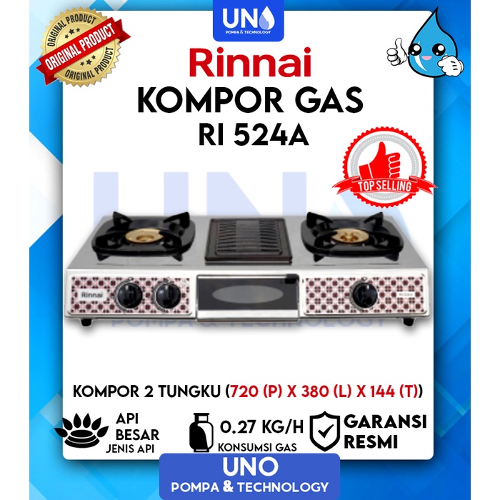 Jual Rinnai Kompor Gas 2 Tungku + Griller Pemanggang RI 524 A / RI524A ...