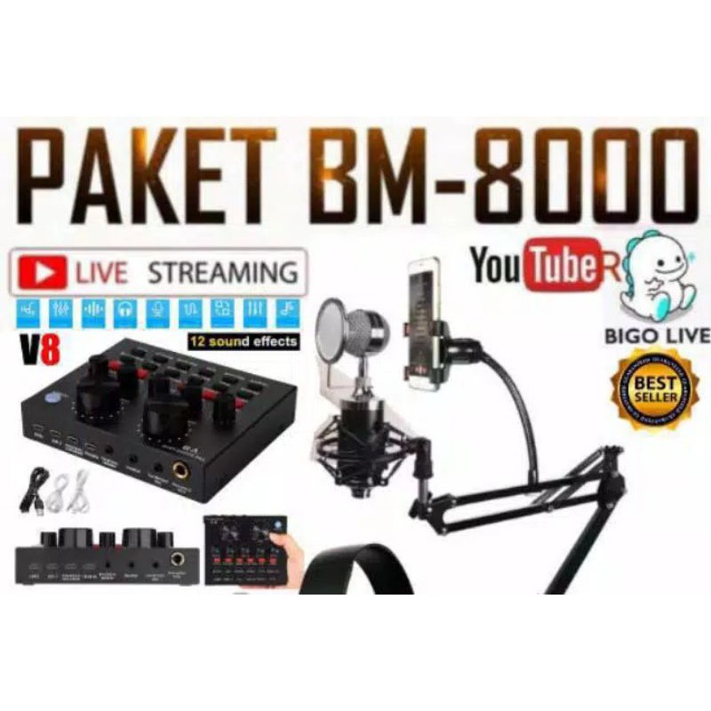 Jual Paket Komplit Mic BM8000 Soundcard Mixer V8 v8s Stand Mic Rekaman ...
