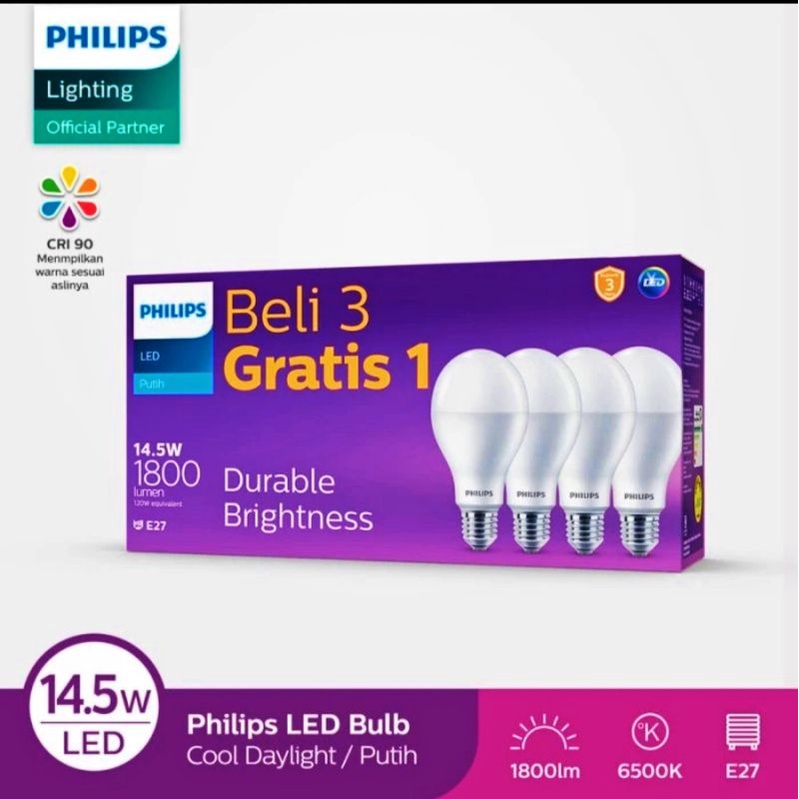 Jual Lampu Bohlam LED Philips multipack 14,5 watt,14,5W beli 3 gratis 1 ...