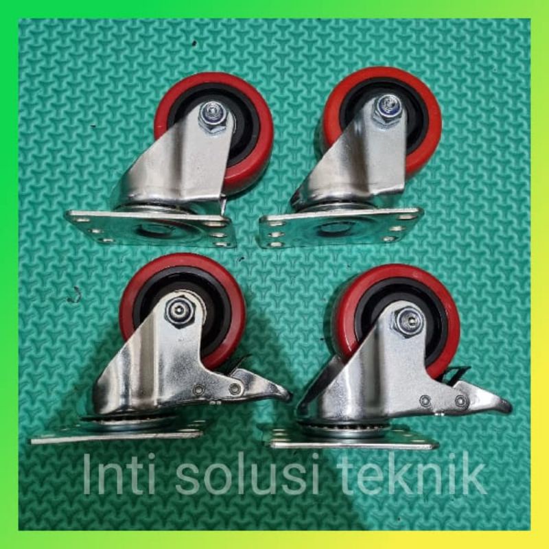 Jual roda troli / trolley pu 3 inch medium duty 1set ( 2hidup+rem ...
