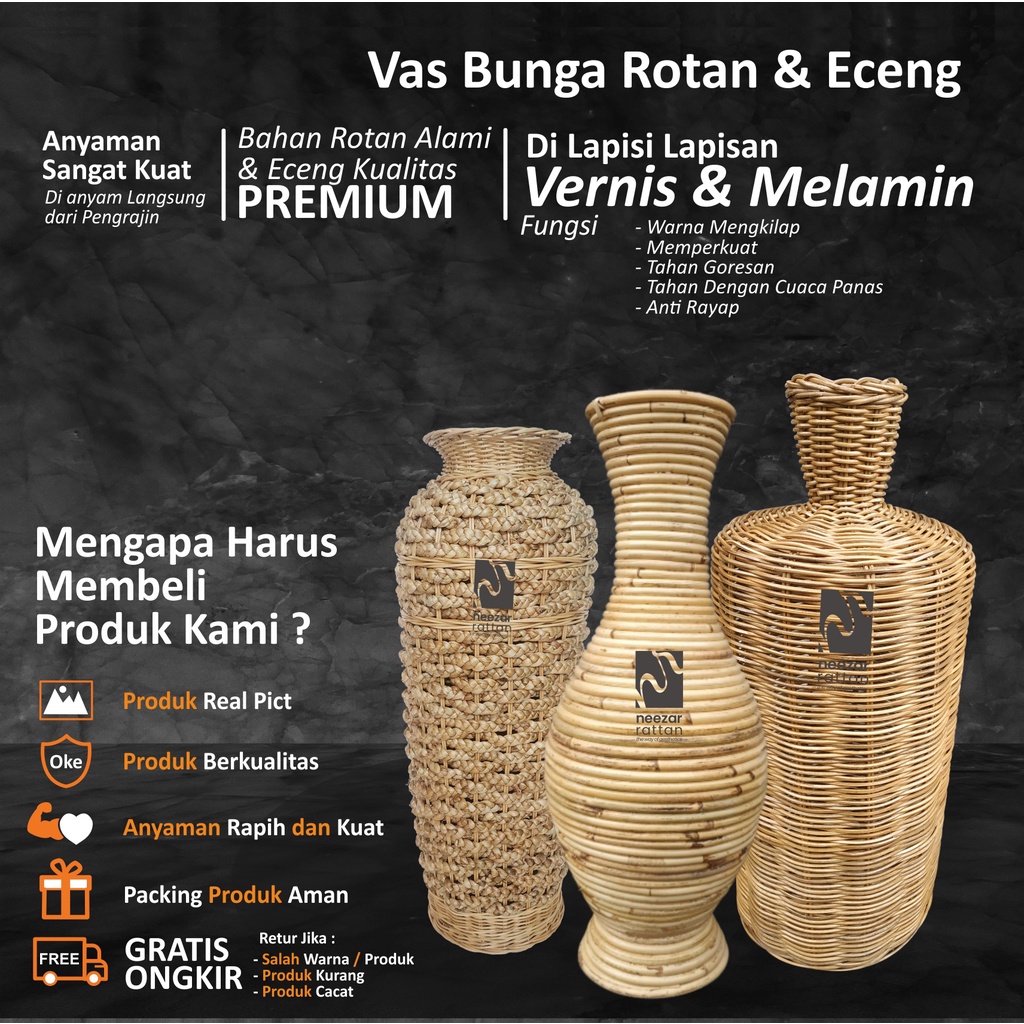 Jual Vas Pot Guci Tempat Bunga dari rotan TINGGI 70 cm 80 cm Eceng ...