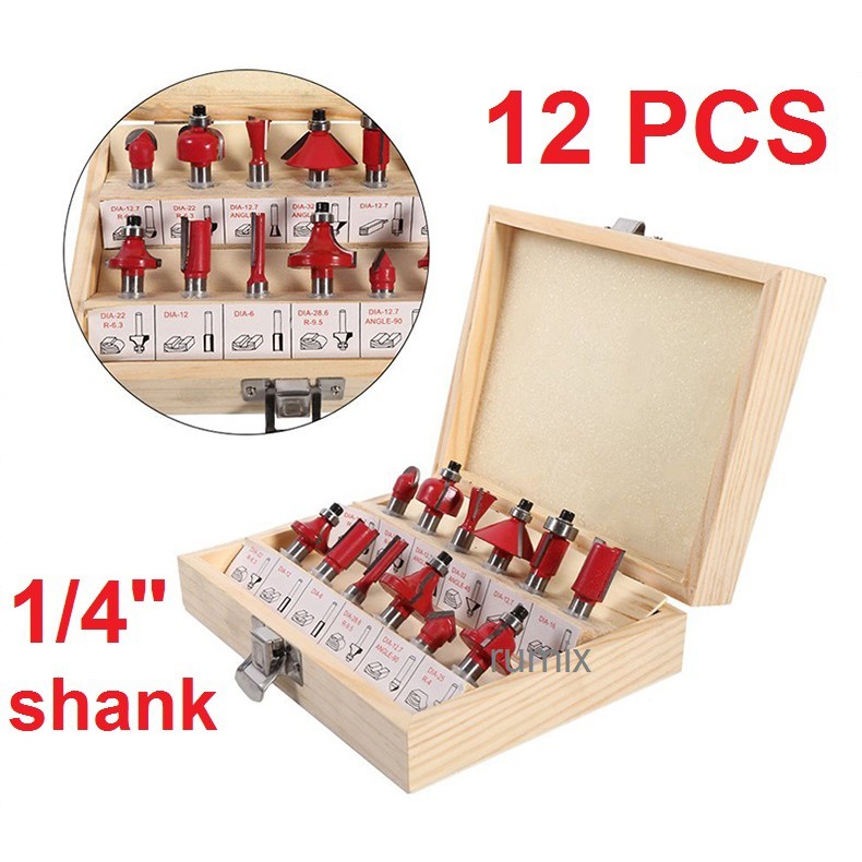 Jual Mata Profil Set 12pcs Trimmer Router Bits Set 1/4” Kayu Router ...
