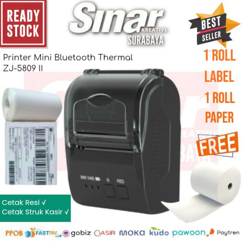 Jual PRINTER THERMAL BLUETOOTH 58MM ZJ-5809 CETAK KASIR DAN LABEL RESI (FREE LABEL PAPER 1 ROL ...