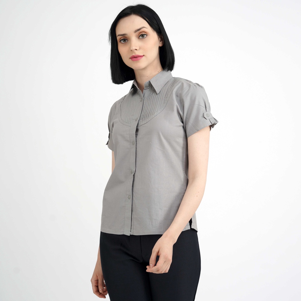 Jual FAME - Kemeja Wanita Lengan Pendek Abu-abu - 9221500 | Shopee ...
