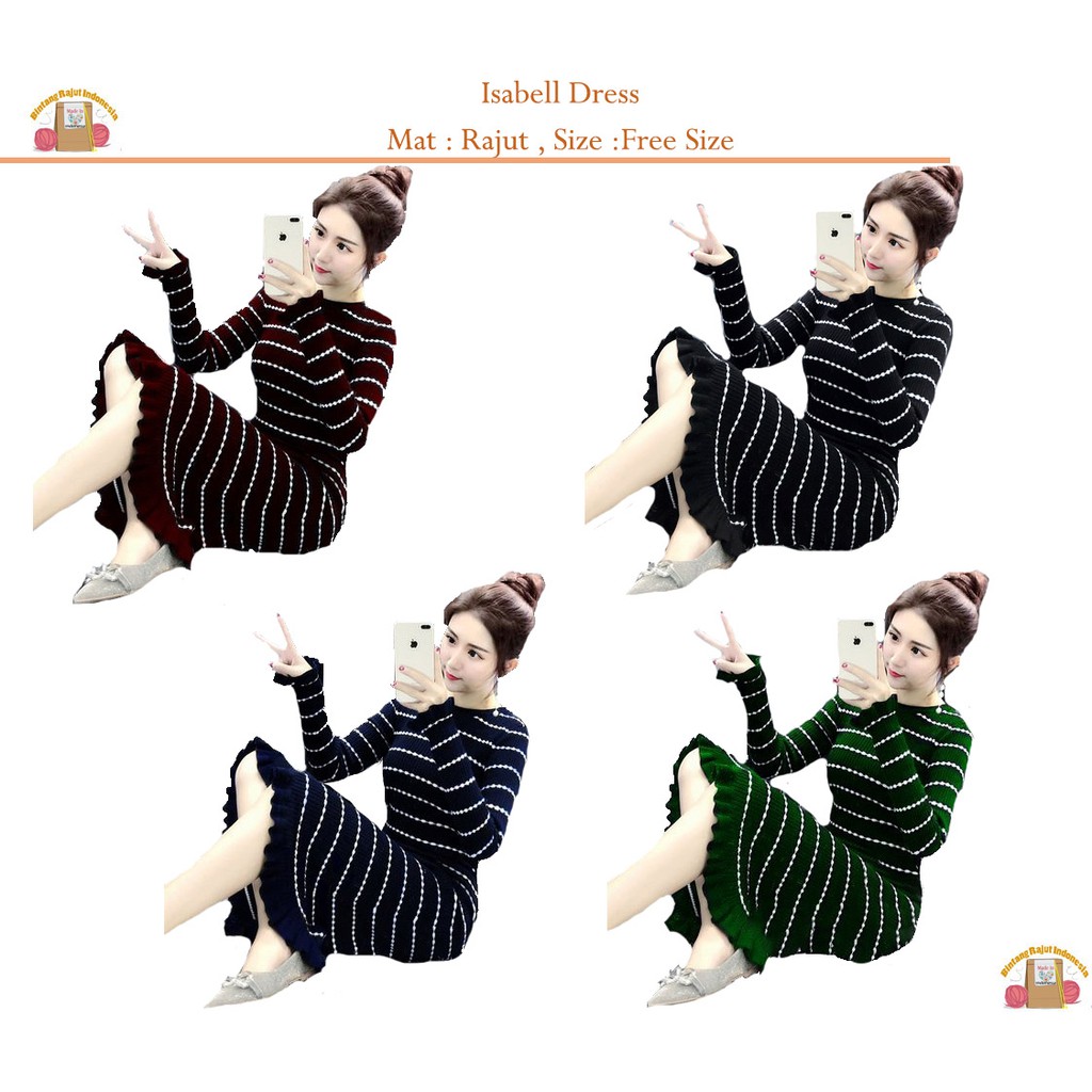 Jual Bintang Rajut Indo || Isabell Dress Wanita Rajut Salur Knit ...