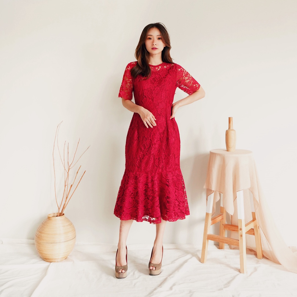 Jual (REALPICT) Midi Dress Pesta Kondangan / Dres Gereja Brukat HEYON bridesmaid | Shopee Indonesia